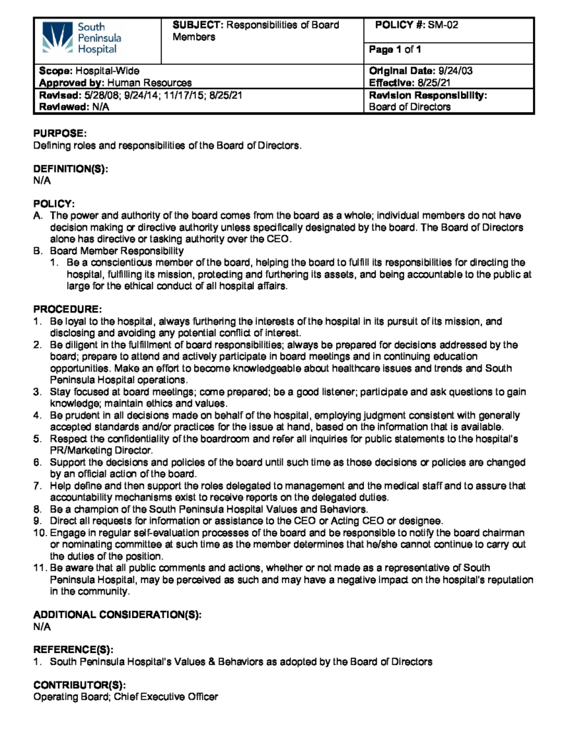 Responsibilities of Board Members - South Peninsula Hospital